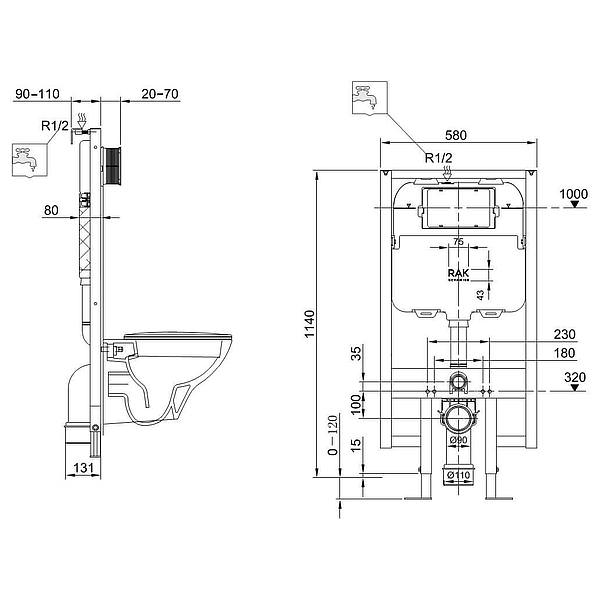 RAK Ecofix 8cm Slimline Front Flush Regular Concealed Cistern and Frame ...