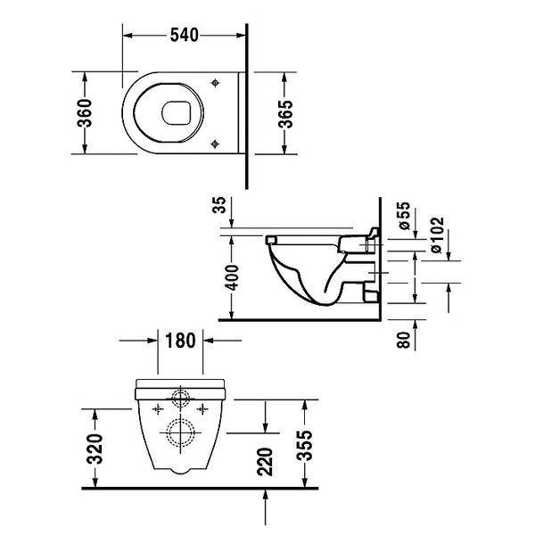 Duravit Starck 3 540mm White Wall Mounted Toilet - 2200090000